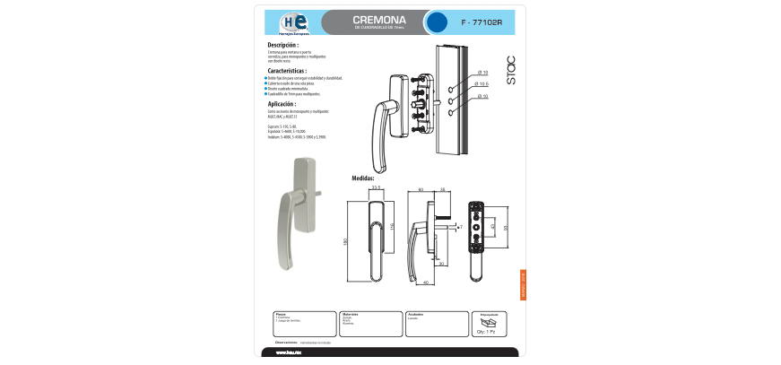 FICHA CREMONA F-77102R | Herrajes Europeos